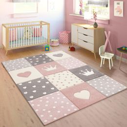 Kinderteppich Paco Home "Cosmo 339", pink, B:160cm H:16mm L:230cm, Polypropylen, Teppiche, Kinderteppich, Kurzflor, Pastell-Farben, 3D-Effekt, Motiv Herz, Punkte & Krone