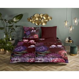 Wendebettw&auml;sche Descanso "Bloomie", bunt (bordeaux, rot), B/L: 155cm x 220cm, 1 Stk., 1 Stk., Satin (Bio-Baumwolle), B/L: 80cm x 80cm, 2 Stk., Satin (Bio-Baumwolle), Obermaterial: 100% Baumwolle, Bettw&auml;sche, Wendebettw&auml;sche, Baumwolle, Satin, 135x200, Biese, Rei&szlig;verschluss, Wendeoptik, Blumen