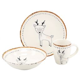 Kindergeschirr-Set Creatable "Freunde des Waldes Reh, Kinder Set 3-tlg.", natur, bunt, 3, Steinzeug, Geschirr-Sets, Tiermotive, skandinavischer Stil, unregelm&auml;&szlig;iger brauner Rand