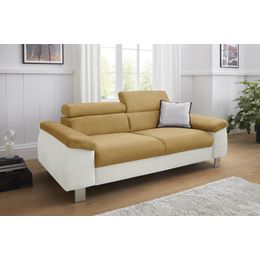 3-Sitzer COTTA "Komaris, B: 193 cm", beige (creme, mustard), B:193cm T:104cm, Microfaser PRIMABELLE (100% Polyester);Kunstleder SOFTLUX;Feinstruktur (100% Polyester);Kunstleder SOFTLUX/Struktur (100% Polyester);NaturLEDER, Sofas, mit Kopfteilverstellung