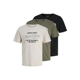 Jack & Jones Rundhalsshirt JACK & JONES "JJETHAN TEE SS CREW NECK 3PK MP NOOS", Herren, Gr. L, gr&uuml;n (dusty olive pack:with moonbeam, schwarz), Jersey, Obermaterial: 100% Baumwolle, bedruckt, regular fit normal, Rundhals, Shirts Rundhalsshirt