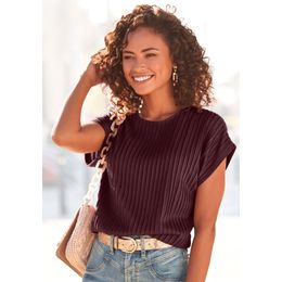 Kurzarmshirt Lascana, Damen, Gr. 32/34, rot (bordeaux), Jersey, Obermaterial: 62% Polyester, 33% Viskose, 5% Elasthan, unifarben, figurumspielend h&uuml;ftlang, Rundhals, Shirts, mit Biesenstruktur, b&uuml;gelfreies T-Shirt aus moderner Strukturware, Topseller