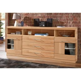 Sideboard OTTO HOME "Ribe,180cm breit, Fronten Massivholz,7 F&auml;cher,B&ouml;den versetzbar", beige (kernbuche teilmassiv), B:180cm H:80cm T:35cm, Holz teilmassiv, Sideboards, Sideboard, Korpus Holzwerkstoff,T&uuml;ren mit Glaseinsatz,3 breite Schubladen