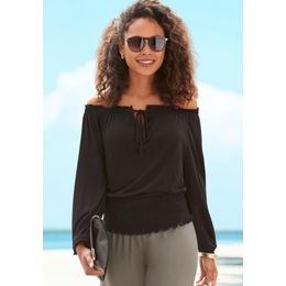 Carmenshirt Lascana, Damen, Gr. 32/34, schwarz, Jersey, Obermaterial: 100% Viskose, unifarben, figurumspielend h&uuml;ftlang, Carmenausschnitt, Volant mit innenliegendem Gummizug, Shirts, mit 3/4-&Auml;rmeln, Blusenshirt mit Bindeband und Gummizug