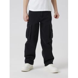 Straight-Jeans name it "NKMRYAN ST CARGO JEANS 5910-ZD NOOS", Kinder, Gr. 116, N-Gr, blau (schwarz denim), Denim/Jeans, Obermaterial: 100% Baumwolle, Abriebeffekte, straight fit lang, Jeans Straight-Jeans