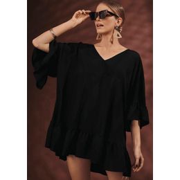 Strandkleid Rosa Faia "Akalani", Damen, schwarz, Stoff, Obermaterial: 100% Polyester, clean, ethno, unifarben, oversize kniefrei, V-Ausschnitt, Fl&uuml;gel&auml;rmel,Kimono&auml;rmel Volant, Kleider Strandkleid, kurz, weich, Oversize Kleid, Cover-Up, V-Ausschnitt, luftig, feminin