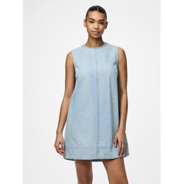 Jeanskleid Pieces "PCFLORA SL MINI DENIM DRESS NOOS", Damen, Gr. L, N-Gr, blau (light blau denim), Denim/Jeans, Obermaterial: 100% Baumwolle, unifarben, relaxed fit kurz, Rundhals, Kleider, mit A-Linien-Schnitt