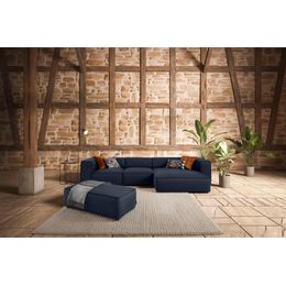 Ecksofa W.Schillig "around-the-block Mega Sofa, viel Platz und hoher Sitzkomfort, L-Form", blau (blau z59), B:341cm H:66cm T:164cm, Longlife Xtra-Leder Z59: Glattleder mit modischer Pr&auml;gung. Hautst&auml;rke 0, 9 - 1, 1 mm, Sofas, Ecksofa, mit eleganter Biese, mit Federkern, Breite 341 cm