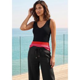 Stricktop Bruno Banani, Damen, Gr. 32/34, schwarz, pink, Rippstrick, Obermaterial: 70% Viskose, 30% Polyamid, figurbetont h&uuml;ftlang, tiefer V-Ausschnitt, Tops Stricktop, figurbetonte Passform, tiefer V-Ausschnitt, Colorblock-Design