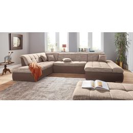 Wohnlandschaft DOMO collection "PB MORIC wahlweise mit Bettfunktion und Armteilverstellung U-Form", braun (espresso, beige, braun, braun), B:353cm H:80cm T:95cm, Zierkissen: Struktur (90% Polyester, 10% Polyacryl);Microfaser PRIMABELLE (100% Polyester) / Struktur (90% Polyester, 10% Polyacryl);Kunstleder SOFTLUX / Struktur (90% Polyester, 10% Polyacryl), Sofas, Wohnlandschaft, XXL-Format B/T/H: 35