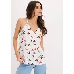 Blusentop bonprix, Damen, Gr. 42, wei&szlig; (wei&szlig; bedruckt), Web, Obermaterial: 100% Viskose, bedruckt, A-Linie h&uuml;ftbedeckend, V-Ausschnitt, Blusen Blusentop, dezente A-Linie, originelle R&uuml;ckenl&ouml;sung, aus Viskose