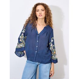 Druckbluse Apricot "Bluse", Damen, Gr. XS (34), blau (navy), gewebt, Obermaterial: 63% Viskose CV. 37% Polyester PES., gemustert, V-Ausschnitt, Trompeten&auml;rmel, Blusen Druckbluse, mit Glocken&auml;rmeln
