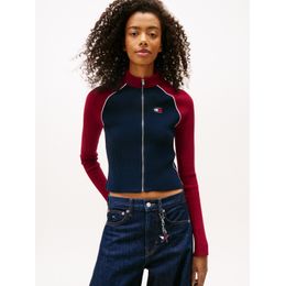 Strickjacke Tommy Jeans "TJW COLORBLOCK ZIP THRU CARDIGAN", Damen, Gr. S (36), schwarz night navy, Strick, Obermaterial: 90% Polyester, 9% Polyamid, 1% Elasthan, Strickjacken Strickjacke