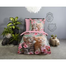 Kinderbettw&auml;sche Good Morning "Mischa", rosa, B/L: 135cm x 200cm, 1 Stk., 1 Stk., Renforc&eacute;, B/L: 80cm x 80cm, 2, Renforc&eacute;, Obermaterial: 100% Baumwolle, Bettw&auml;sche, Baumwolle, Renforc&eacute;, Wendeoptik, Kind, M&auml;dchen, Katze, Blume