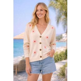 Strickjacke Kangaroos, Damen, Gr. 40/42, beige (natur), Feinstrick, Obermaterial: 50% Viskose, 26% Polyester, 24% Polyamid, bequem taillenbedeckt, tiefer V-Ausschnitt, weit Rippstrickb&uuml;ndchen, Strickjacken Strickjacke, Strickjacke aus Feinstrick, bequeme Passform, Blumenmuster