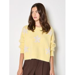 Strickfleece-Pullover Apricot "Pullover", Damen, Gr. S (36), gelb, Strick, Obermaterial: 73% Polyacryl PAN. 17% Nylon NY. 10% Wolle mw., gebl&uuml;mt, Gerippt, Pullover, mit G&auml;nsebl&uuml;mchen-Applikation