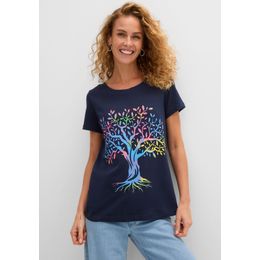 T-Shirt bonprix "Bedrucktes T-Shirt aus Baumwolle", Damen, Gr. 44/46 (L), blau (dunkelblau), Obermaterial: 100% Baumwolle, loose fit, Shirts T-Shirt, Loose Fit, Kurzarm-Design, aus Baumwolle, mit farbenfrohem Print