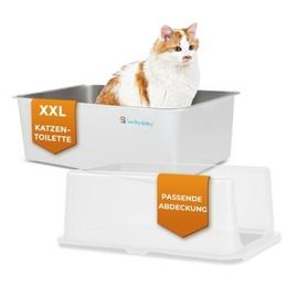 Lucky-Kitty Katzentoilette XXL (Edelstahl Wei&szlig;) + Haube (Wei&szlig; transparent)