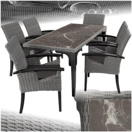 TecTake&reg; Rattan Tisch Foggia mit 6 St&uuml;hlen Rosarno, mit Holzgestell, wetterfest und UV-best&auml;ndig, Armlehnen und Beine aus Holz