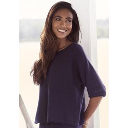 ELBSAND 3/4-Arm-Shirt blau Gr. 32/34 f&uuml;r Damen. U-Boot-Ausschnitt und Logoschriftzug. Weit. Nachhaltig.