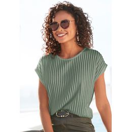 Kurzarmshirt Lascana, Damen, Gr. 32/34, gr&uuml;n (khaki), Jersey, Obermaterial: 62% Polyester, 33% Viskose, 5% Elasthan, unifarben, figurumspielend h&uuml;ftlang, Rundhals, Shirts, mit Biesenstruktur, b&uuml;gelfreies T-Shirt aus moderner Strukturware, Topseller