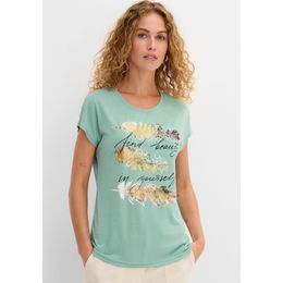 T-Shirt bonprix "T-Shirt mit Glitzerdruck", Damen, Gr. 36/38 (S), gr&uuml;n (salbeigr&uuml;n bedruckt), Obermaterial: 65% Polyester, 35% Viskose, schmal, Shirts T-Shirt, schmale Passform, Kurzarm, mit Glitzerdruck