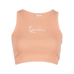 Muskelshirt Karl Kani "Karl Kani Small Signature Essential Racer Rib Top", Damen, Gr. L, orange, 97% Baumwolle, 3% Elasthan, bedruckt, slim fit, Racerback, Shirts