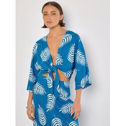 Klassische Bluse Apricot "Bluse", Damen, Gr. M (38), blau, Obermaterial: 88% Viskose CV. 12% Leinen LI., gemustert, Blusen Bluse, mit Knotenverschluss