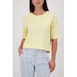 Sweatshirt monari "Sweatshirt Basic Schmuck", Damen, Gr. 46, past gelb, Sweatware, Obermaterial: 100% Baumwolle, unifarben, regular fit taillenbedeckt, Rundhals, eingesetzt abgesteppte Kante, Sweatshirts Sweatshirt, Regular fit mit Schmuck