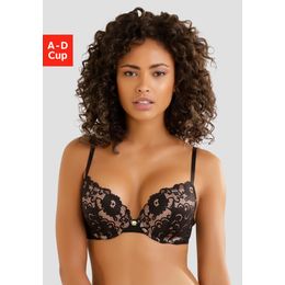 Push-up-BH JETTE, Damen, Gr. 70, Cup C, schwarz (schwarz, caramel), Spitze, Obermaterial: 90% Polyamid, 10% Elasthan, BHs Push-up-BH, aus floraler Spitze, Dessous
