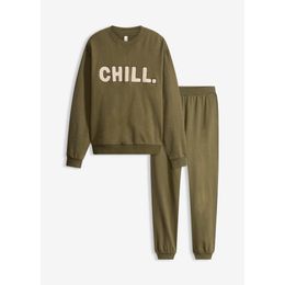 bonprix Sweat Hausanzug, gr&uuml;n, Gr.56/58 (3XL), Gem&uuml;tlicher Sweat Hausanzug mit sch&ouml;ner Applikation und Rippb&uuml;ndchen sowie seitlichen Eingriffstaschen, aus 100% Baumwolle,Rippware