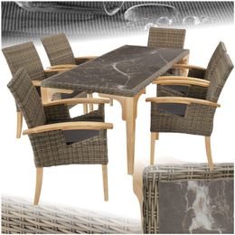 TecTake&reg; Rattan Tisch Foggia mit 6 St&uuml;hlen Rosarno, mit Holzgestell, wetterfest und UV-best&auml;ndig, Armlehnen und Beine aus Holz