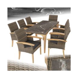 TecTake&reg; Rattan Tisch Foggia mit 8 St&uuml;hlen Rosarno, mit stabilen Holzgestellen, wetterfest und UV-best&auml;ndig, Armlehnen und Beine aus Holz
