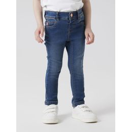 Skinny-fit-Jeans name it "NMFPOLLY SKINNY JEANS 1842-TH NOOS", M&auml;dchen, Gr. 98, N-Gr, blau (dunkelblau denim), Denim/Jeans, Obermaterial: 70% Baumwolle, 27% Polyester, 3% Elasthan, Abriebeffekte, skinny fit kn&ouml;chellang, Jeans