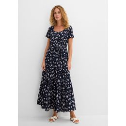 bonprix Kleid mit kurzen &Auml;rmeln, blau, Gr.38, Langes Sommerkleid mit Allover-Muster, aus 100% Baumwolle