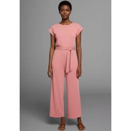 Jumpsuit Laura Scott, Damen, Gr. 38, N-Gr, schwarzrose, Single Jersey, Obermaterial: 50% Baumwolle, 50% Modal, unifarben, figurumspielend lang, tiefer Rundhals, angeschnitten, Overalls Jumpsuit, im Basic-Stil, mit Bindeg&uuml;rtel, Halbarm-Design