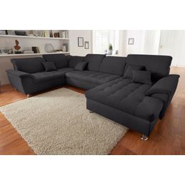 Wohnlandschaft DOMO collection "FRANZI optional mit Bettfunktion, Bettkasten & Kopfteilverstellung", grau (graphite), B:352cm H:80cm T:214cm, Flachgewebe (100% Polyester);Chenille (100% Polyester), Sofas, Wohnlandschaft, XXL-Sofa, Recamiere rechts, graphite, B/T: 352/214 cm