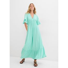 bonprix Maxi-Stufenkleid aus flie&szlig;ender Viskose, gr&uuml;n, Gr.46, Langes Kleid mit Volants und Ballon&auml;rmeln