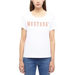 Rundhalsshirt Mustang "ALMA", Damen, Gr. XL, wei&szlig;, Jersey, Obermaterial: 100% Baumwolle, bedruckt, regular fit normal, Rundhals, Shirts Rundhalsshirt, mit Logo Print