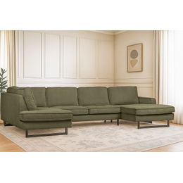 Wohnlandschaft Home Affaire "Pinto, 350 cm, U-Form, XXL, mit Ottomanen", gr&uuml;n (khaki), B:350cm H:85cm T:206cm, Luxus-Microfaser in Lederoptik (100% Polyester);Cord (92% Polyester, 8% Polyamide), Sofas, Wohnlandschaft, Cord, Chenille, Lederoptik, mit Keder, Metallf&uuml;&szlig;e, Wellenunterfederung