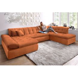 Wohnlandschaft DOMO collection "NMORIC im XXL-Format, 353x216x80 cm, inkl. Zierkissen U-Form", orange (terrakotta), B:353cm H:80cm T:216cm, Microfaser PRIMABELLE (100% Polyester);Chenille (85% Polyester, 15% Acryl);Luxus-Microfaser (100% Polyester);Struktur ( 100% Polyester), Sofas, Wohnlandschaft, wahlweise mit Bettfunktion und Armlehnenverstellung