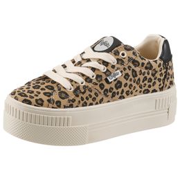 Plateausneaker Buffalo, Damen, Gr. 40, schwarz, braun, Lederimitat, Textil, Schuhe Plateausneaker, Freizeitschuh, Halbschuh, Schn&uuml;rschuh im feinen Leo-Look