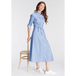 Blusenkleid DELMAO, Damen, Gr. 34, N-Gr, blau (blau, wei&szlig;), Web, Obermaterial: 60% Baumwolle, 38% Polyester, 2% Elasthan, bedruckt, geringelt, gestreift, figurumspielend lang, Kleider Blusenkleid, festliche Anl&auml;sse, lang, klassisch und seri&ouml;s, aus Baumwolle