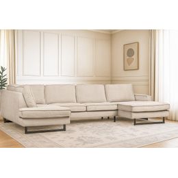 Wohnlandschaft Home Affaire "Pinto, 350 cm, U-Form, XXL, mit Ottomanen", grau (hellgrau), B:350cm H:85cm T:206cm, Luxus-Microfaser in Lederoptik (100% Polyester);Cord (92% Polyester, 8% Polyamide), Sofas, Wohnlandschaft, Cord, Chenille, Lederoptik, mit Keder, Metallf&uuml;&szlig;e, Wellenunterfederung