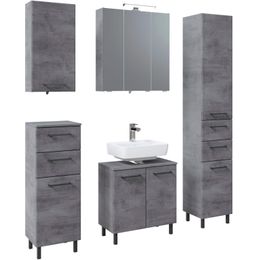 Badm&ouml;bel-Set SAPHIR "Quickset 945 5-teilig, Waschbeckenunterschrank mit LED-Spiegelschrank", grau (oxid dunkelgrau quer), Kastenm&ouml;bel-Sets, Badm&ouml;bel-Set, Unterschrank, H&auml;ngeschrank, Hochschrank, 9 T&uuml;ren, inkl. T&uuml;rd&auml;mpfer