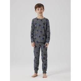Pyjama name it "NKMNIGHTSET DARK GREY MEL SKULL NOOS", Jungen, Gr. 110/116, grau (dunkelgrau melange), Jersey, Obermaterial: 95% Baumwolle, 5% Elasthan, bedruckt, regular fit, Rundhals, Homewear-Sets Pyjama