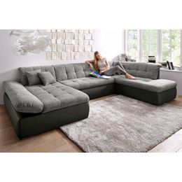 Wohnlandschaft DOMO collection "MORIC 353x216x80 cm, mit viel Platz, U-Form, auch in Cord", grau (schwarz, wei&szlig;, grau), B:353cm H:80cm T:216cm, Microfaser PRIMABELLE / Struktur (90% Polyester/ 10% Polyacryl);Kunstleder SOFTLUX / Struktur (90% Polyester/ 10% Polyacryl), Sofas, Wohnlandschaft, im XXL-Format, wahlweise mit Bettfunktion und Armlehnenverstellung