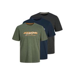 Jack & Jones Kurzarmshirt JACK & JONES "JJALVIS TEE SS CREW NECK 3PK MP", Herren, Gr. S, gr&uuml;n (kombu gr&uuml;n pack:big with navyblazer, schwarz), Jersey, Obermaterial: 100% Baumwolle, bedruckt, normal, Rundhals, Shirts