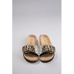 Pantolette ANISTON SHOES, Damen, Gr. 36, schwarz (schwarz, gold, leo), Lederimitat, Schuhe Pantolette, Strandschuh, Sommerschuh, Urlaubschuh, leo