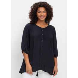 Kurzarmbluse sheego, Damen, Gr. 44, blau (tiefblau), 100% Viskose, unifarben, V-Ausschnitt, Blusen